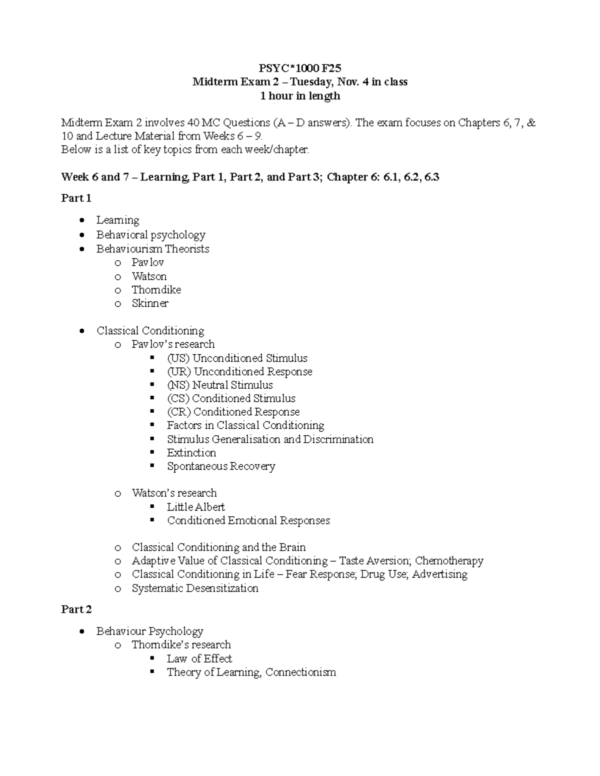 PSYC1000 F25 - Key Topics for Midterm Exam 2 Review - Studocu