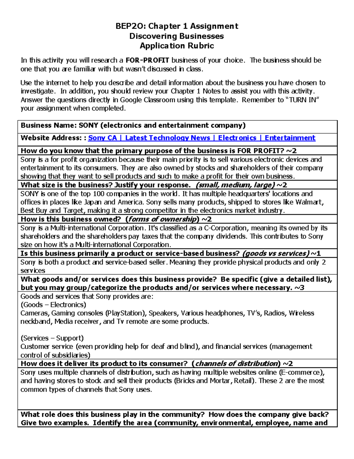BEP2O: Chapter 1 Assignment - Exploring SONY's Business Model - Studocu