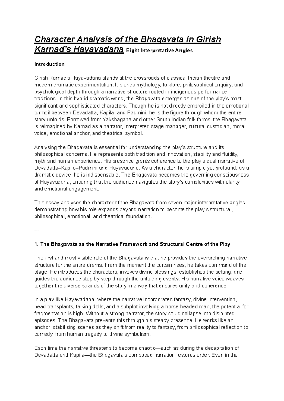 Character Analysis of the Bhagavata in Girish Hayavadana: End Sem Essay - Studocu