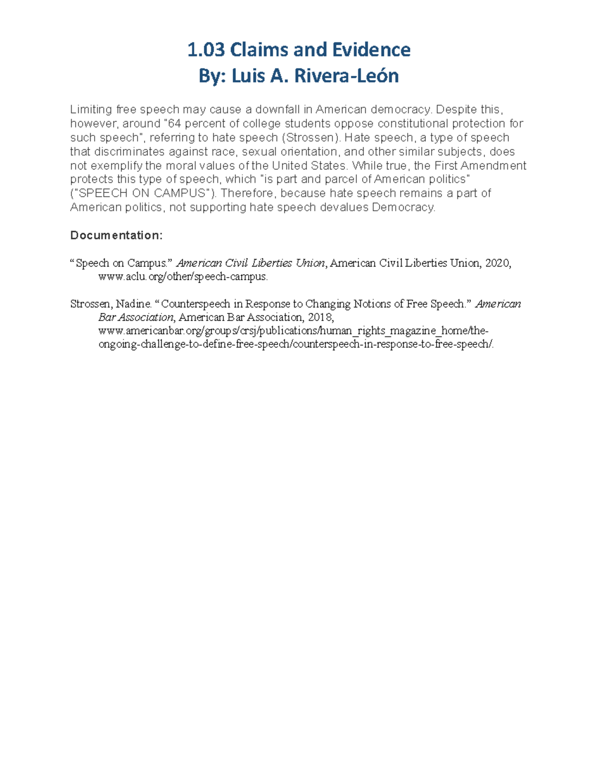 AP Lang 1.03 Assignment V2: Analyzing Claims on Free Speech - Studocu
