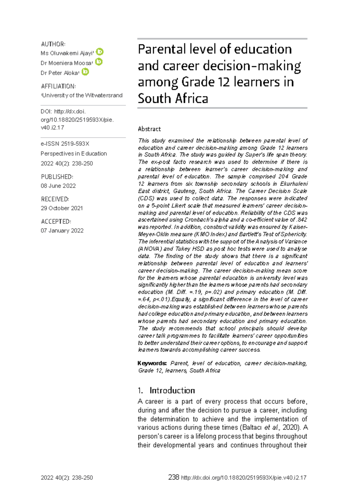 Parental Education and Career Choices Among Grade 12 Learners in South ...