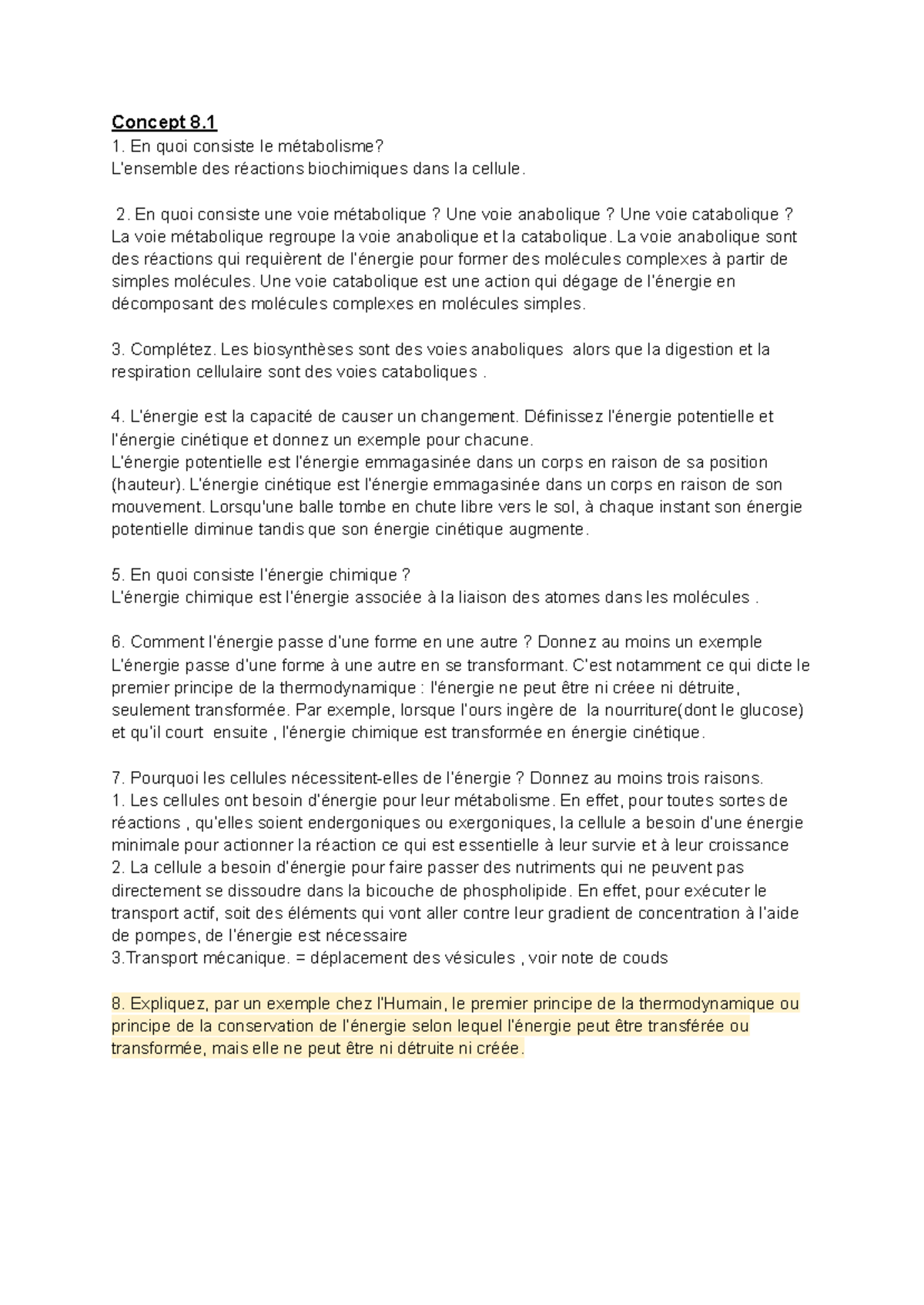 Questionnaire formatif Chapitre 8 : Métabolisme et Énergie - Studocu