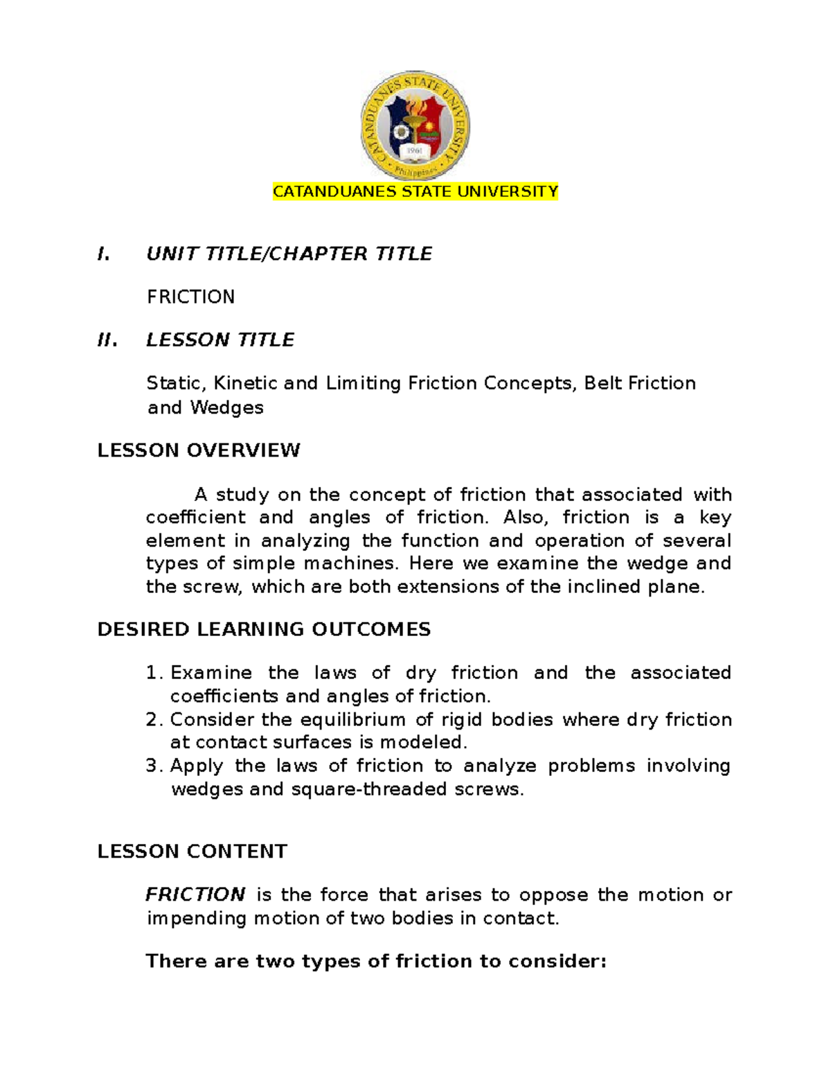 Lesson on Friction: Static, Kinetic, and Applications in Machines - Studocu