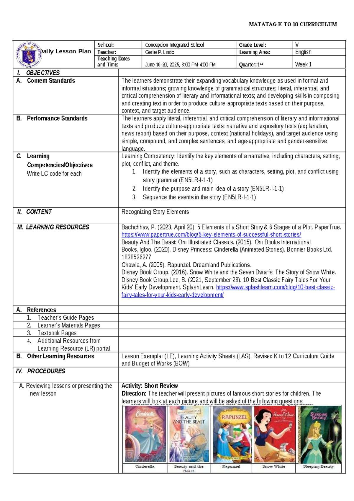 MATATAG K TO 10 CURRICULUM Daily Lesson Plan: Recognizing Story Elements - Studocu