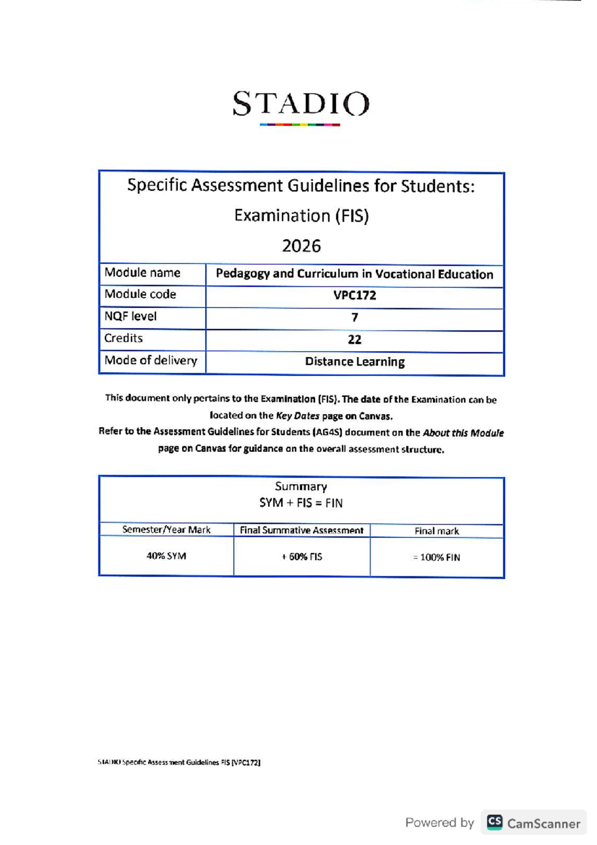 Examination Guidelines for VPC172 - Pedagogy and Curriculum - Studocu