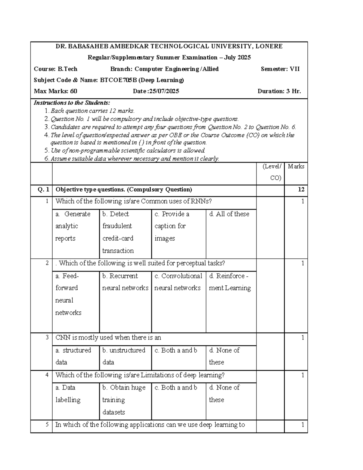 Deep Learning Exam BTCOE705B - Summer 2025 Guide - Studocu