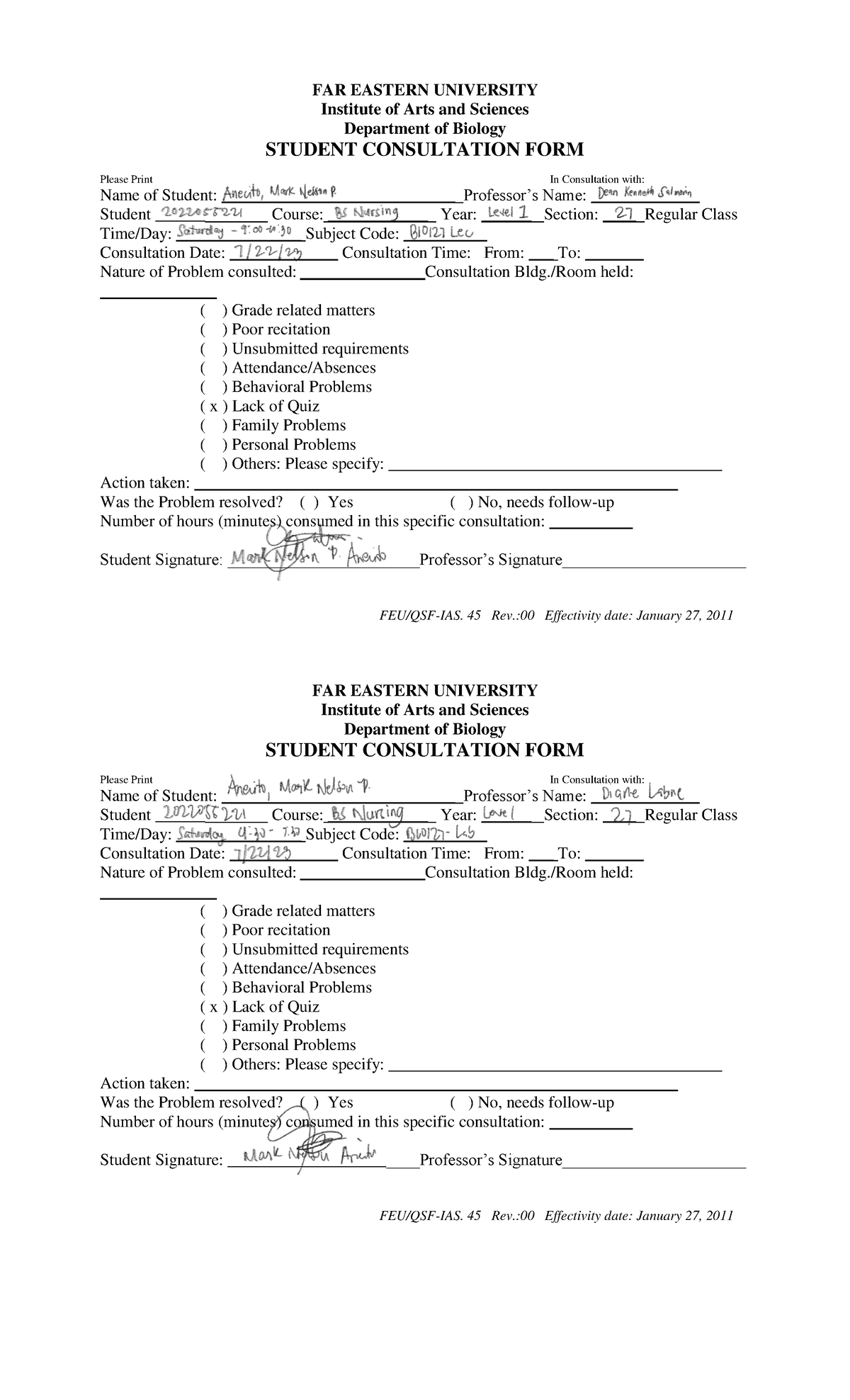 FEU/QSF-IAS Biology Student Consultation Form Template - Studocu