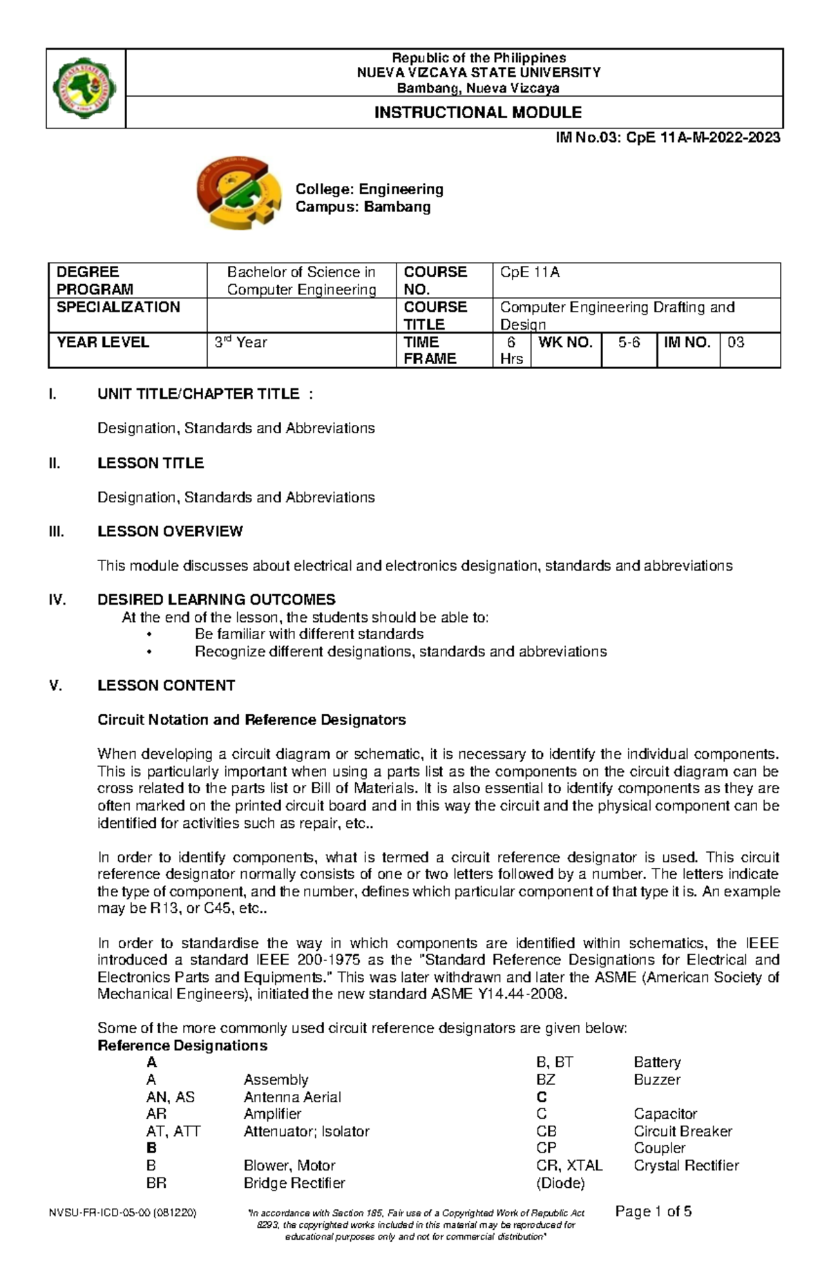Module CEDD 3: Designation, Standards & Abbreviations in CpE 11A - Studocu