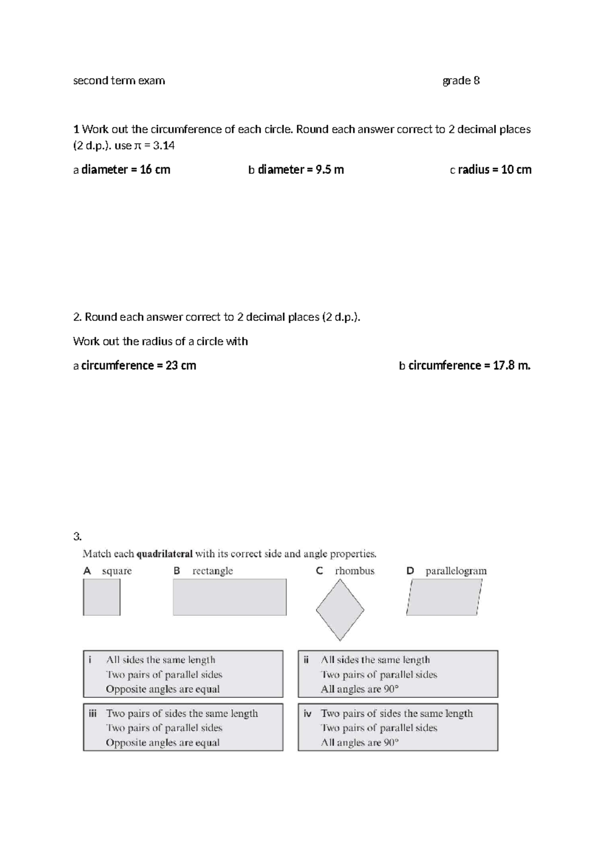 Second Term Exam Grade 8: Circumference & Sampling Methods - Studocu