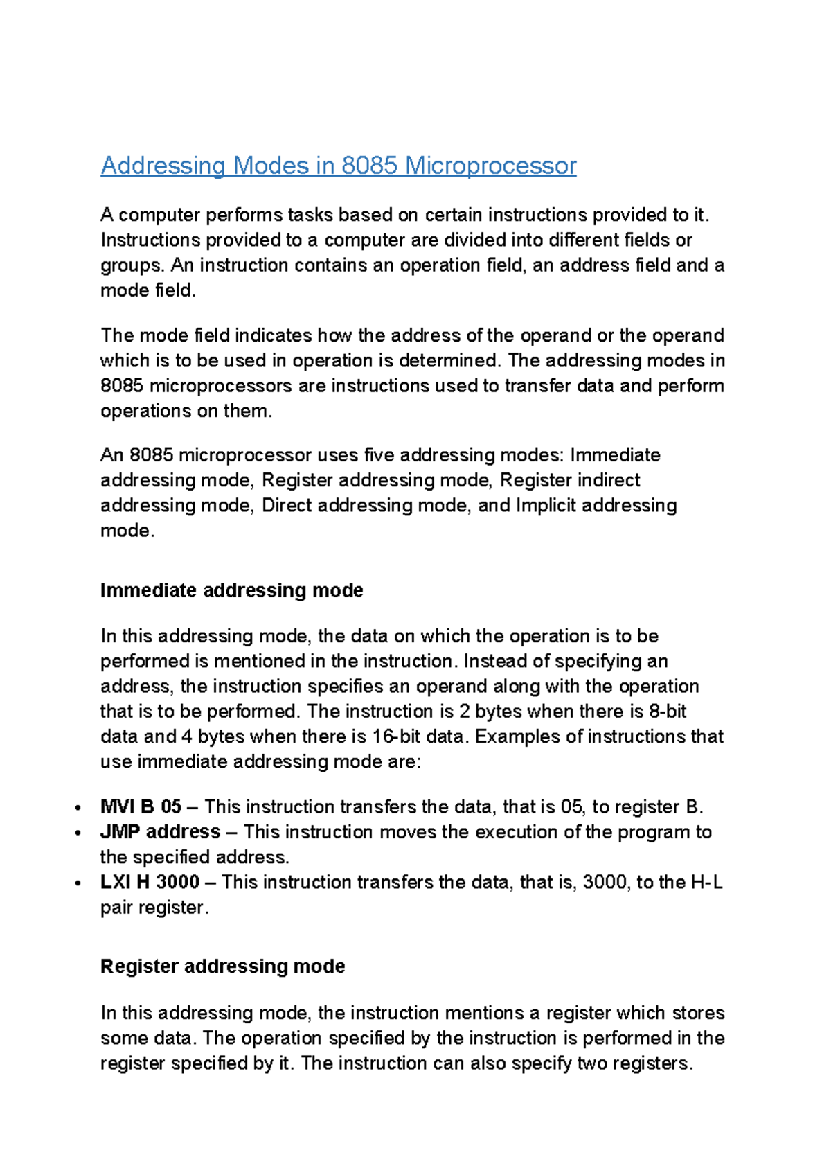 Addressing modes of 8085 - Addressing Modes in 8085 Microprocessor A ...