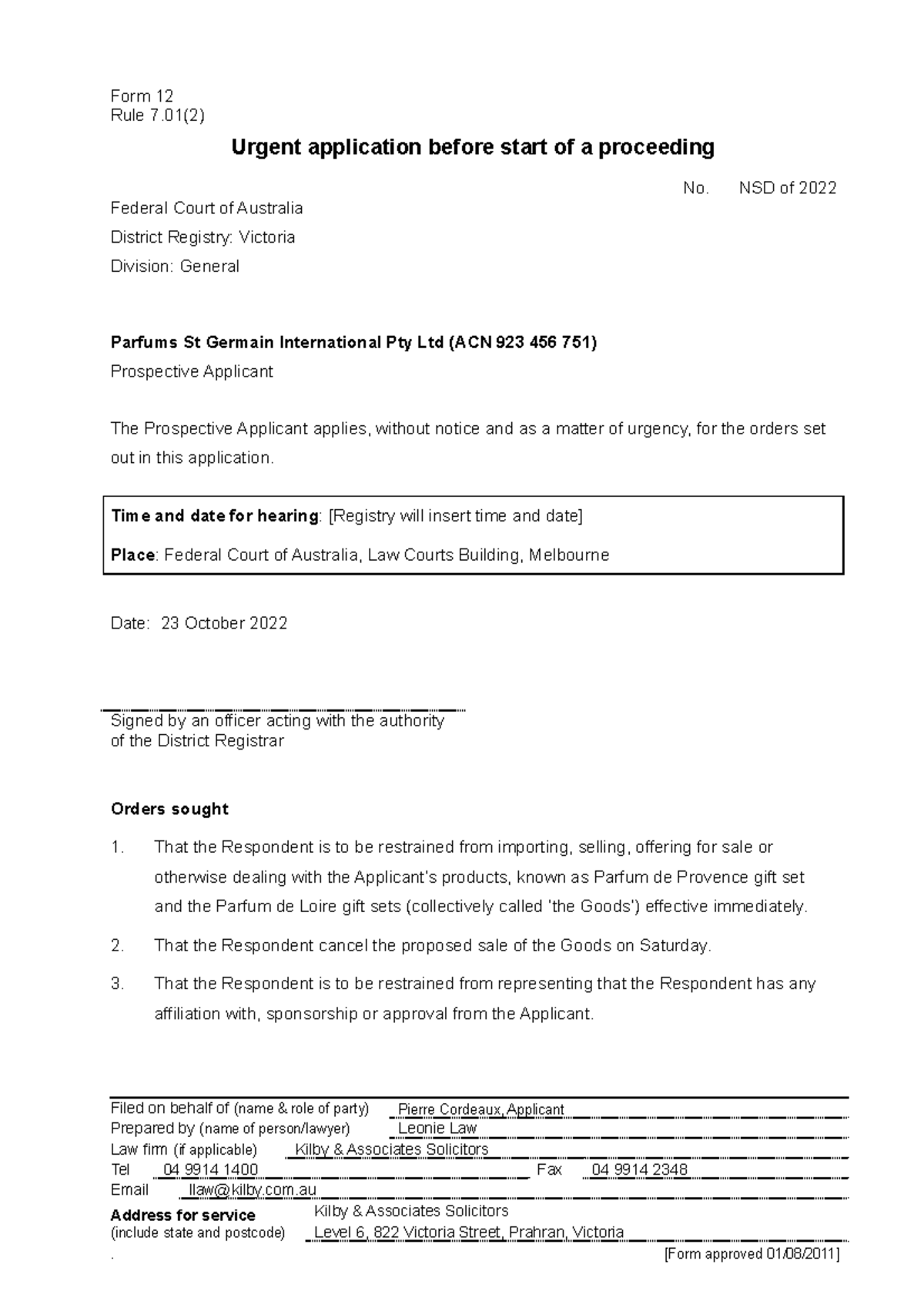 FORM 12 Application - Urgent Restraining Orders (NSD 2022) - Studocu