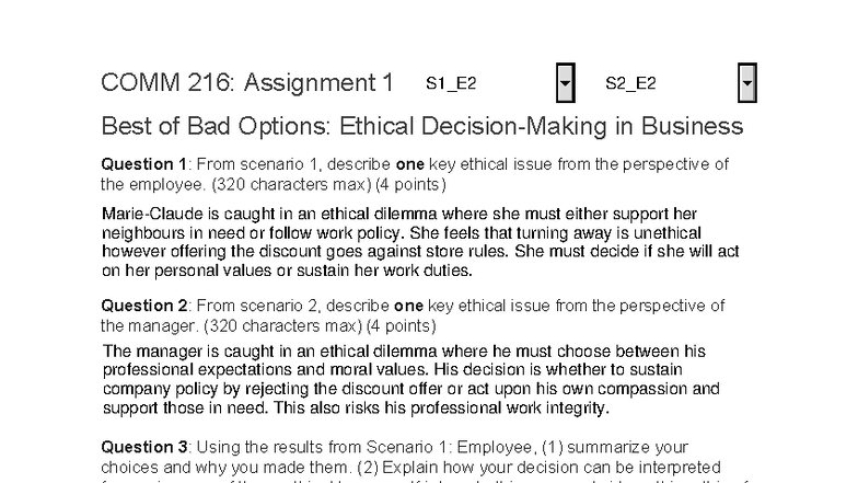 COMM 216: Assignment 1 - Ethical Dilemmas in Business Scenarios - Studocu