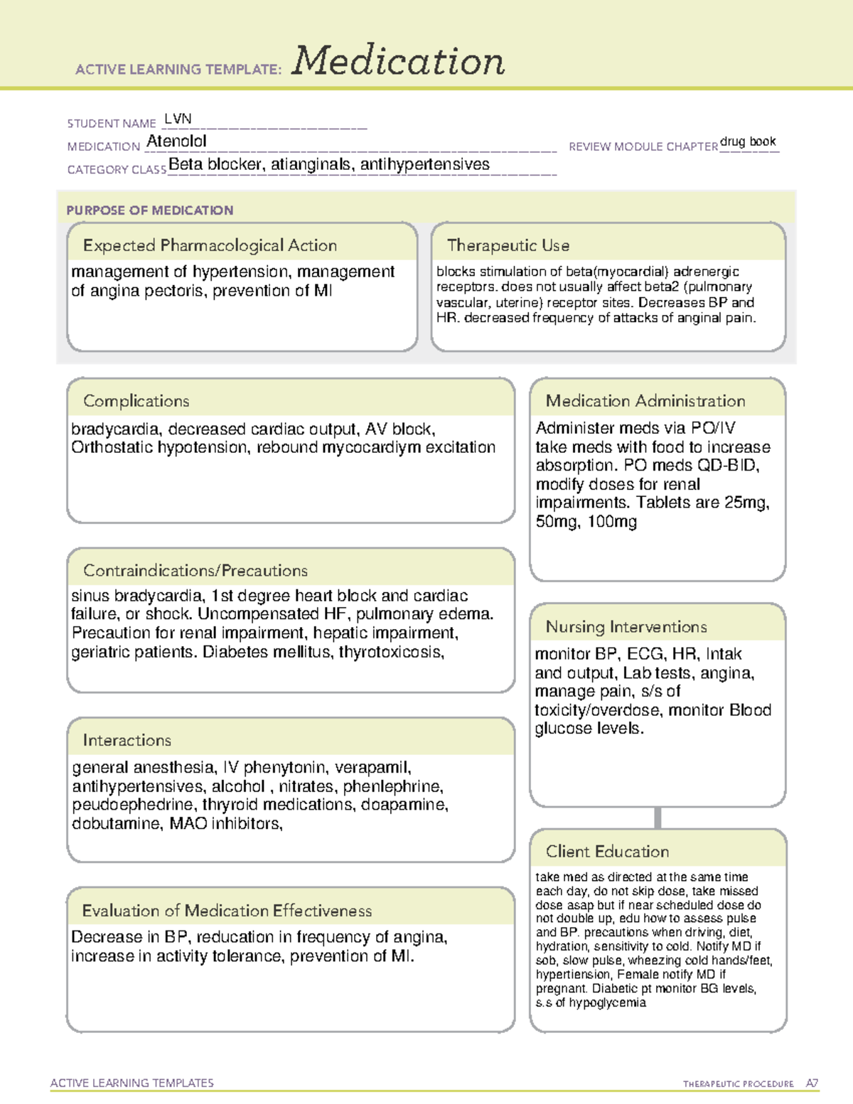 Atenolol Active Learning Template for Therapeutic Procedures - Studocu