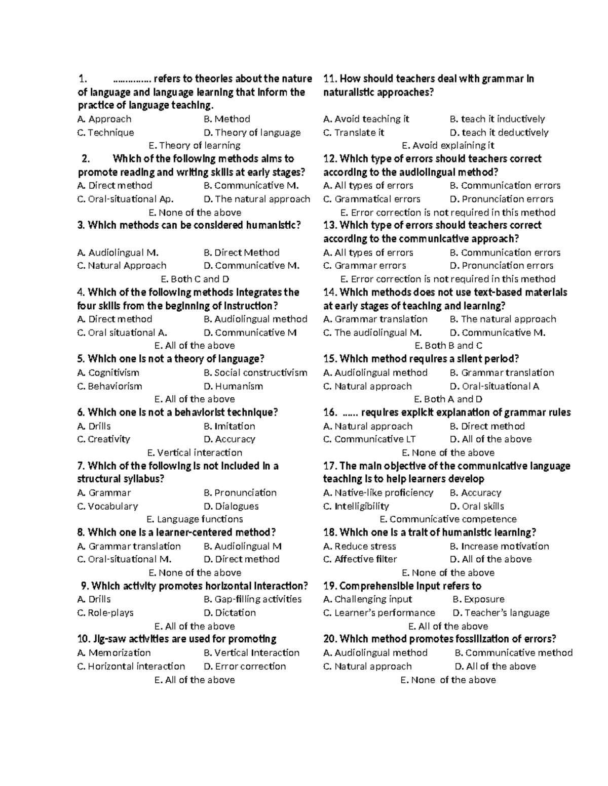 Quiz QCM: Language Teaching Methods & Approaches Practice - Studocu