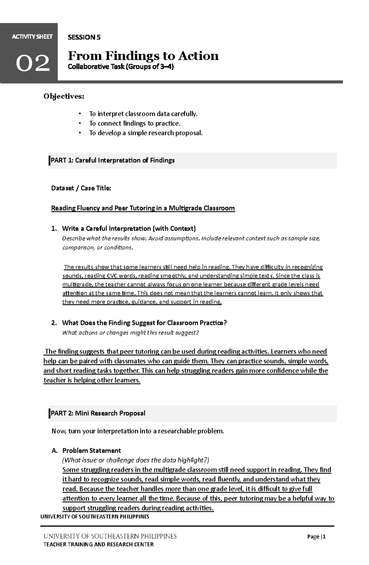 Activity Sheet Session 5: Peer Tutoring & Reading Fluency in Multigrade ...