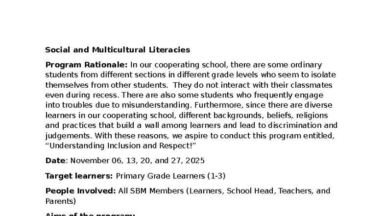 Inclusion and Social Multicultural Literacies Program (SBM) - Studocu