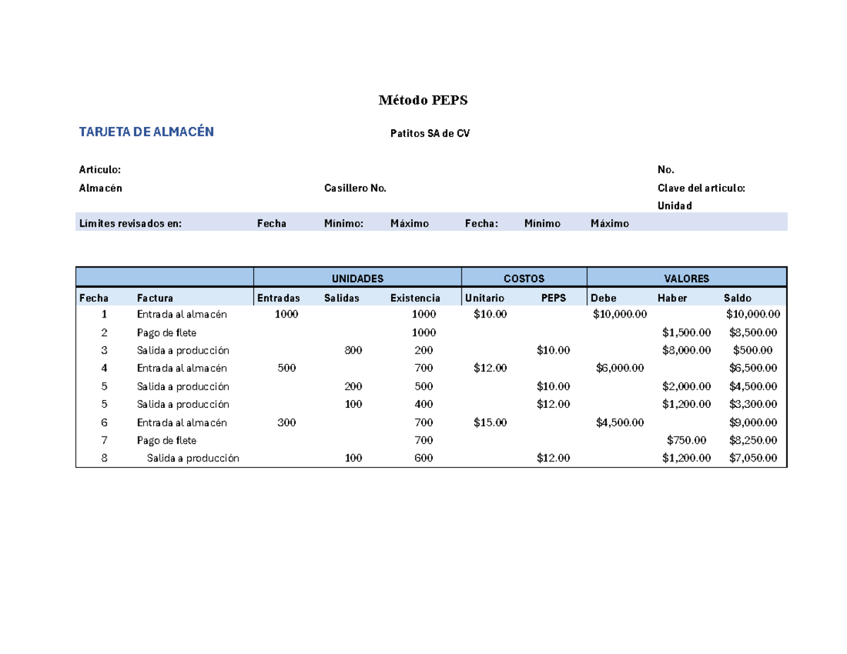 Tarjetas de almacén (PEPS, UEPS, CP) - Método PEPS TARJETA DE ALMACÉN ...