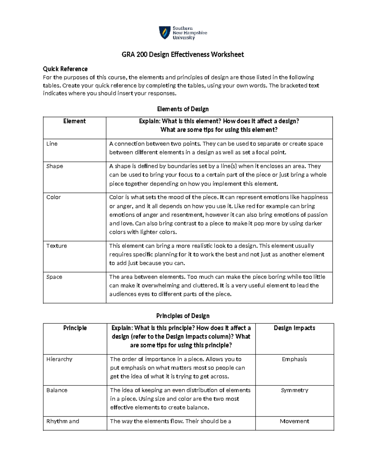 GRA 200 Design Effectiveness Worksheet: Elements & Principles Overview ...