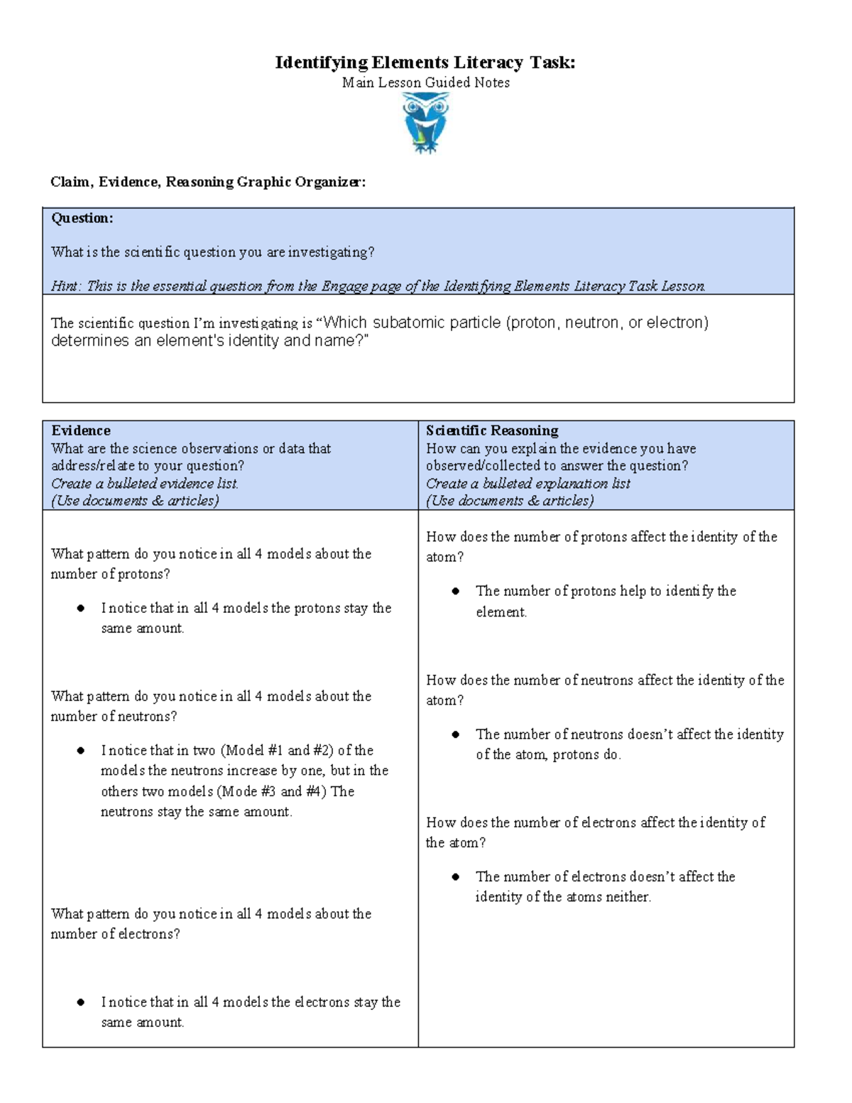 Identifying Elements Literacy Task: Guided Notes & Graphic Organizer ...