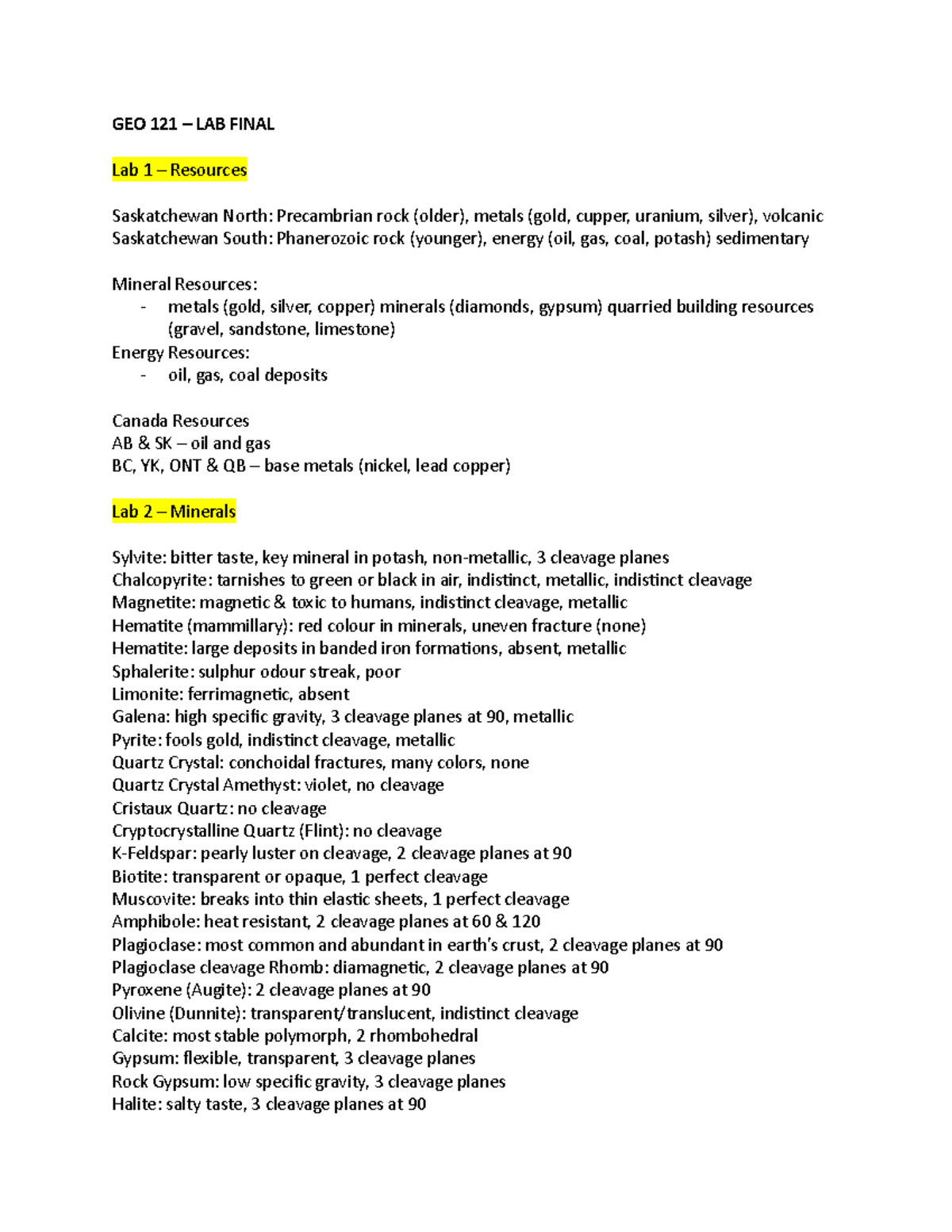 GEO 121 Lab - Final Exam - Full lecture summary and study tricks ...