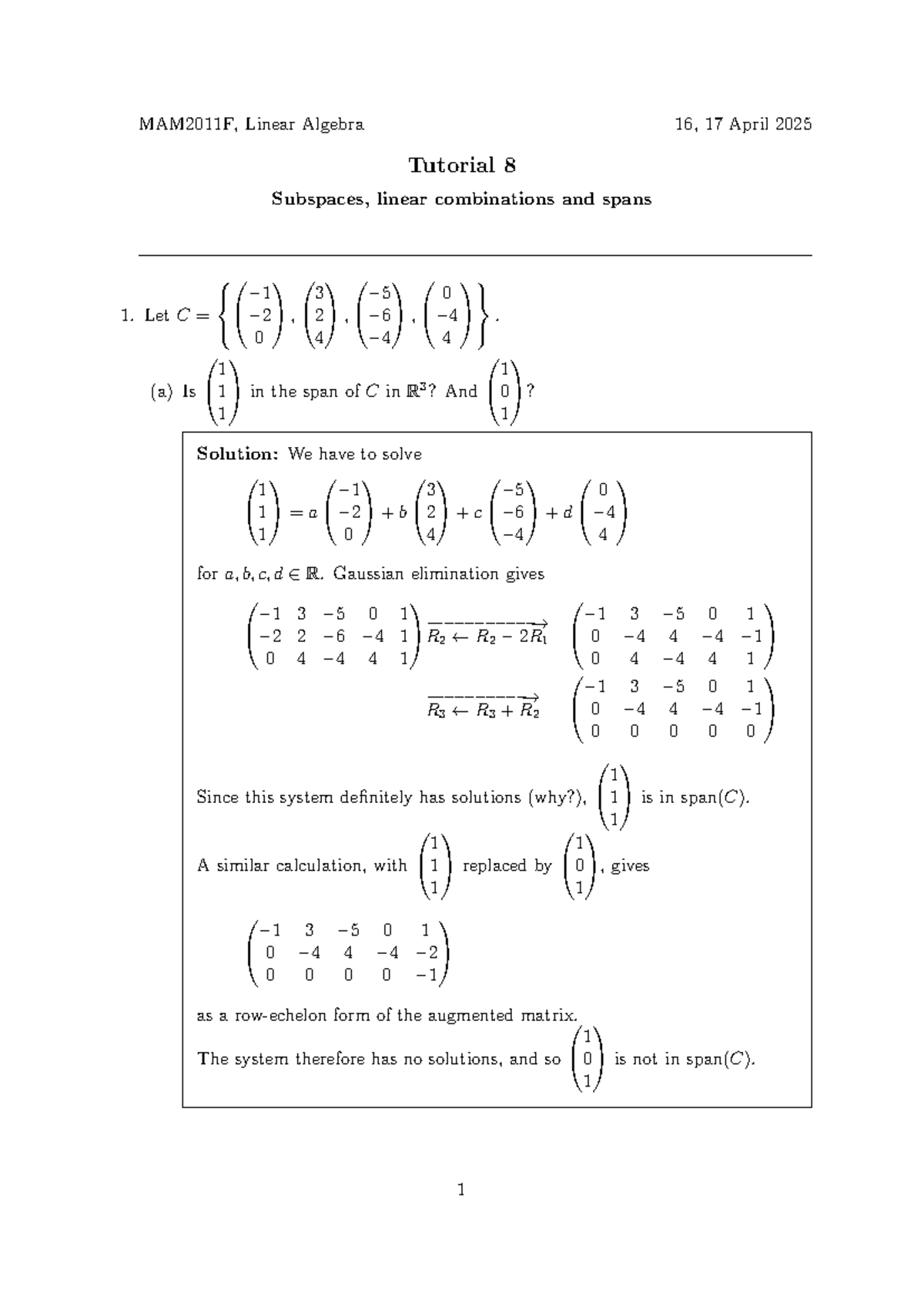 MAM2011F, Linear Algebra Tutorial 8: Subspaces, Combinations & Spans - Studocu