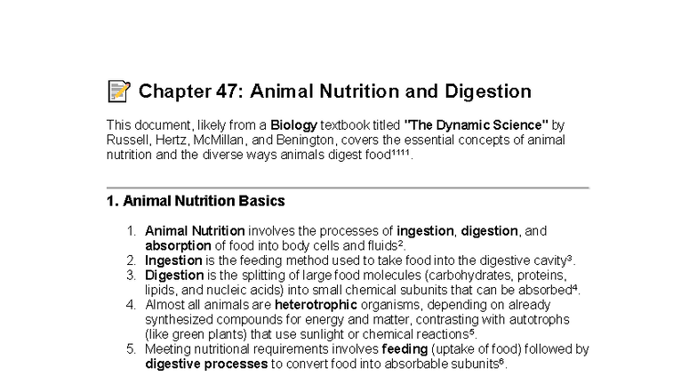 Chapter 47: Animal Nutrition and Digestion Overview - Studocu