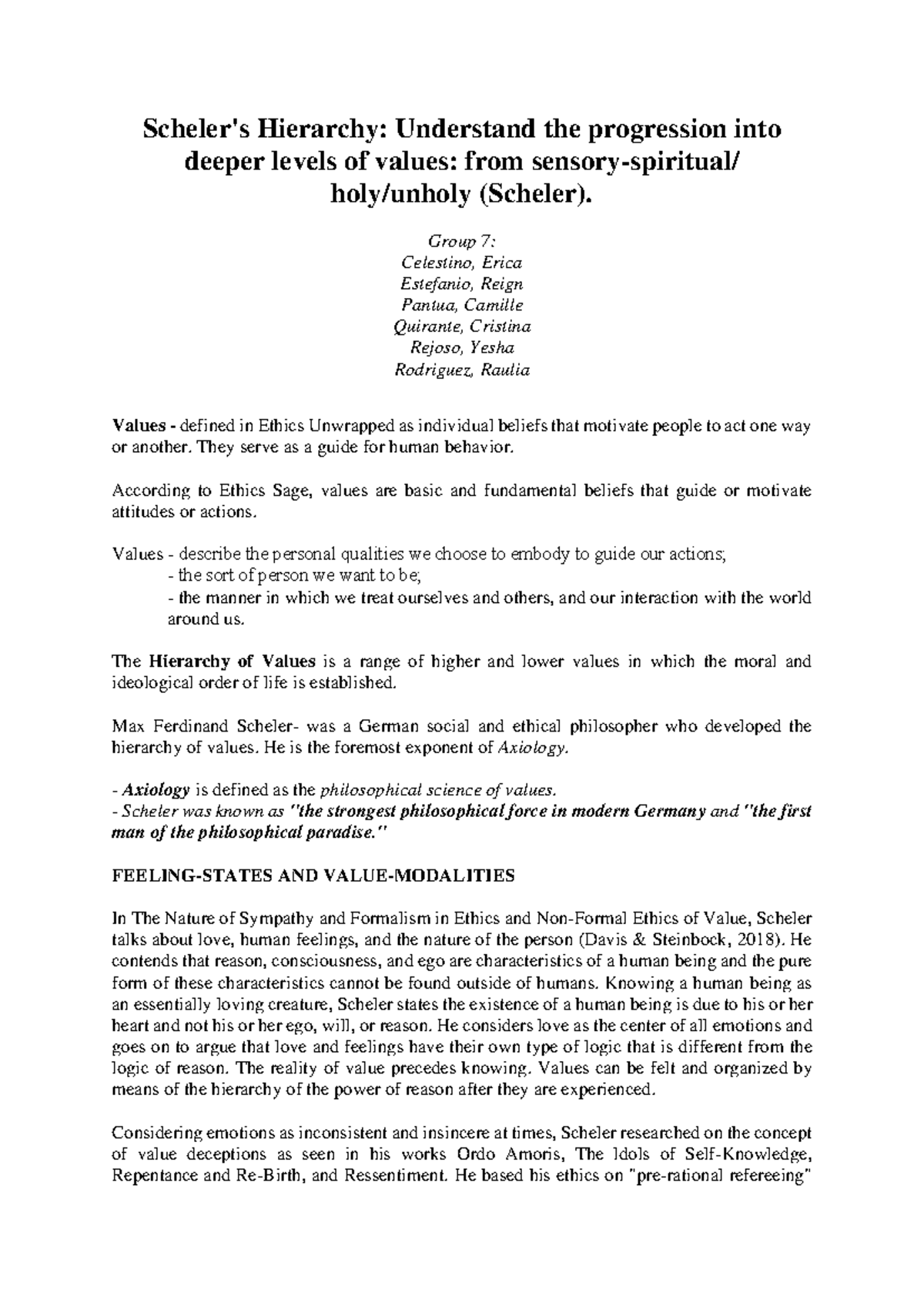 Max Scheler's Hierarchy of Values: A Deep Dive into Ethics and Axiology - Studocu