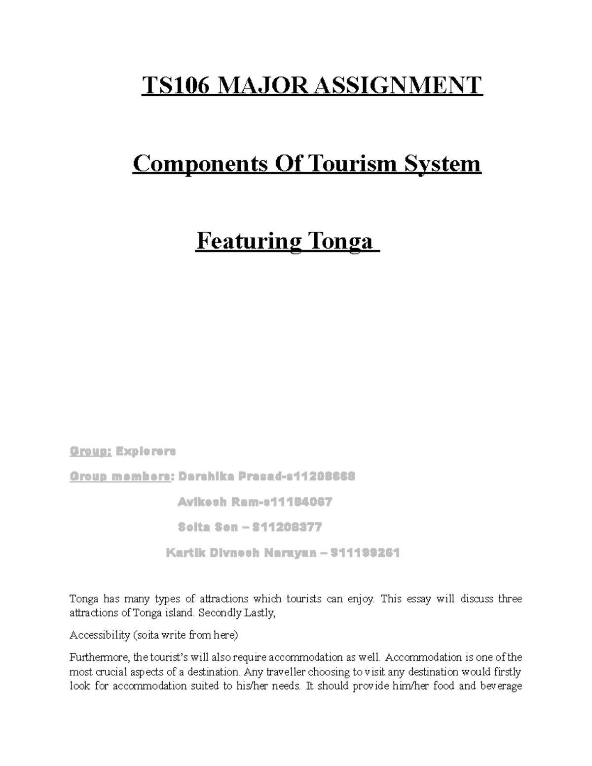 TS106 Major Assignment - TS106 MAJOR ASSIGNMENT Components Of Tourism ...