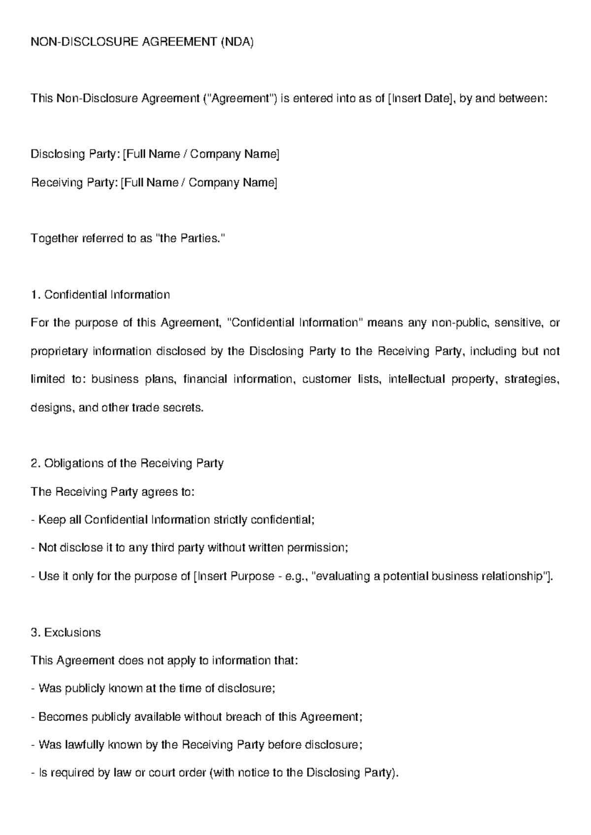NDA Template - Rough Draft for Legal Agreement - Studocu