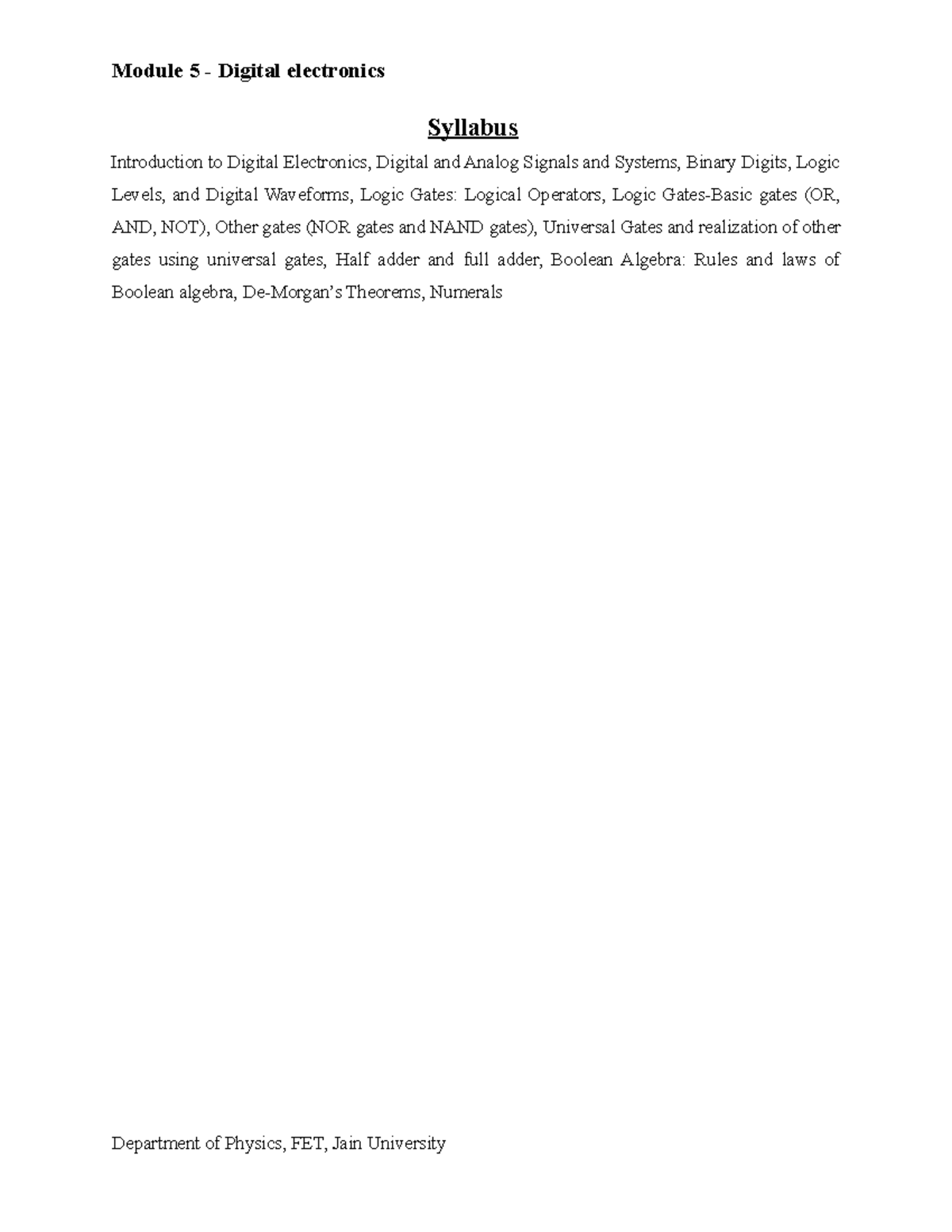 Module 5 Digital Electronics - Syllabus Introduction to Digital ...