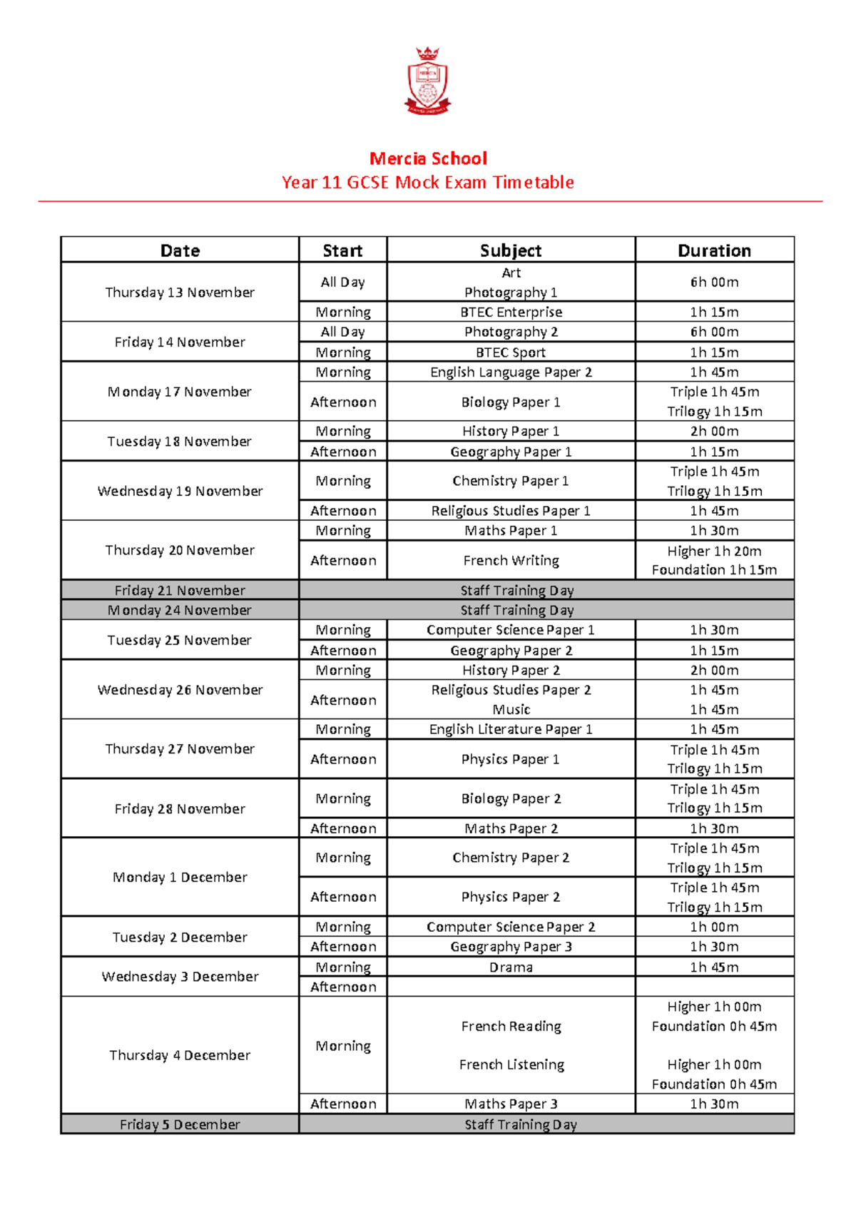 2026 GCSE Year 11 Mock Exam Timetable - Studocu