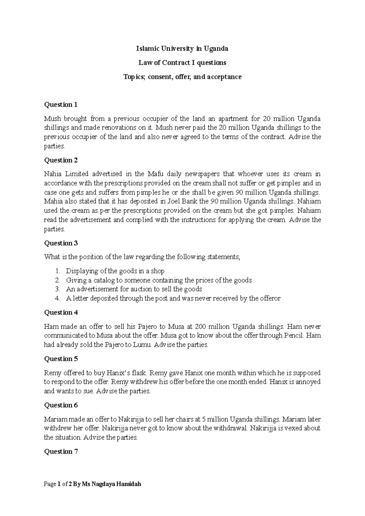 Law of Contract I Questions: Consent, Offer, and Acceptance Analysis ...