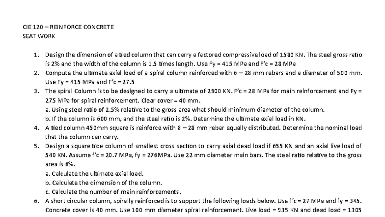 CIE 120 Final Exam: Reinforced Concrete Column Design Seatwork - Studocu