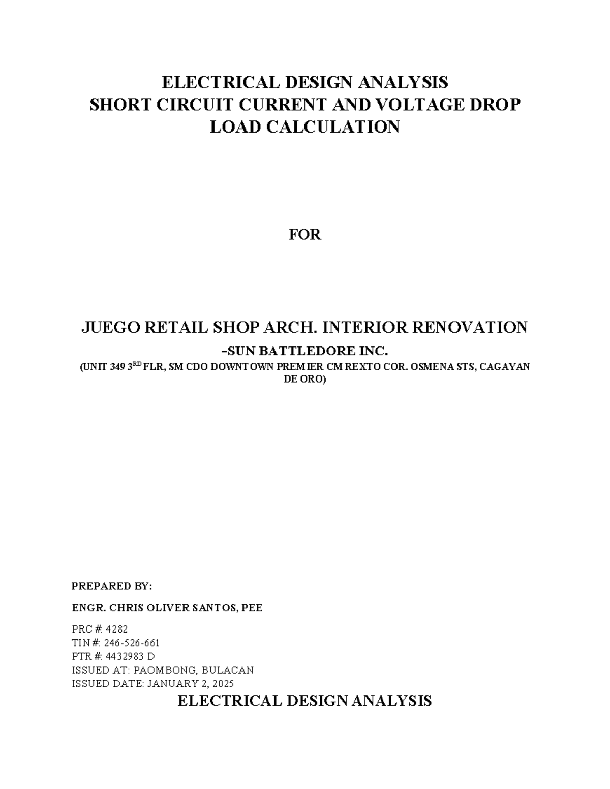 ELECTRICAL DESIGN ANALYSIS FOR JUEGO RETAIL SHOP ARCH. RENOVATION - Studocu