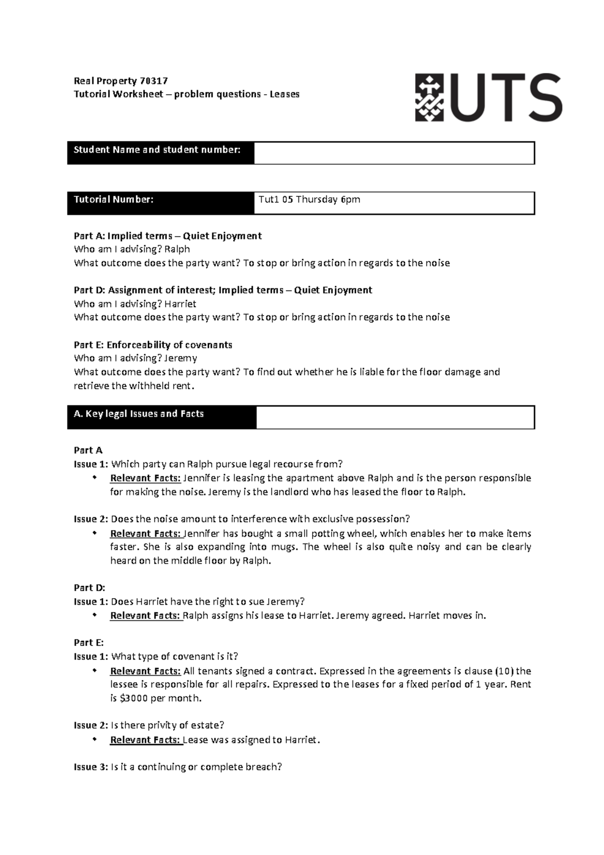 Real Property 70317 Tutorial Worksheet - Week 5 on Leases - Studocu