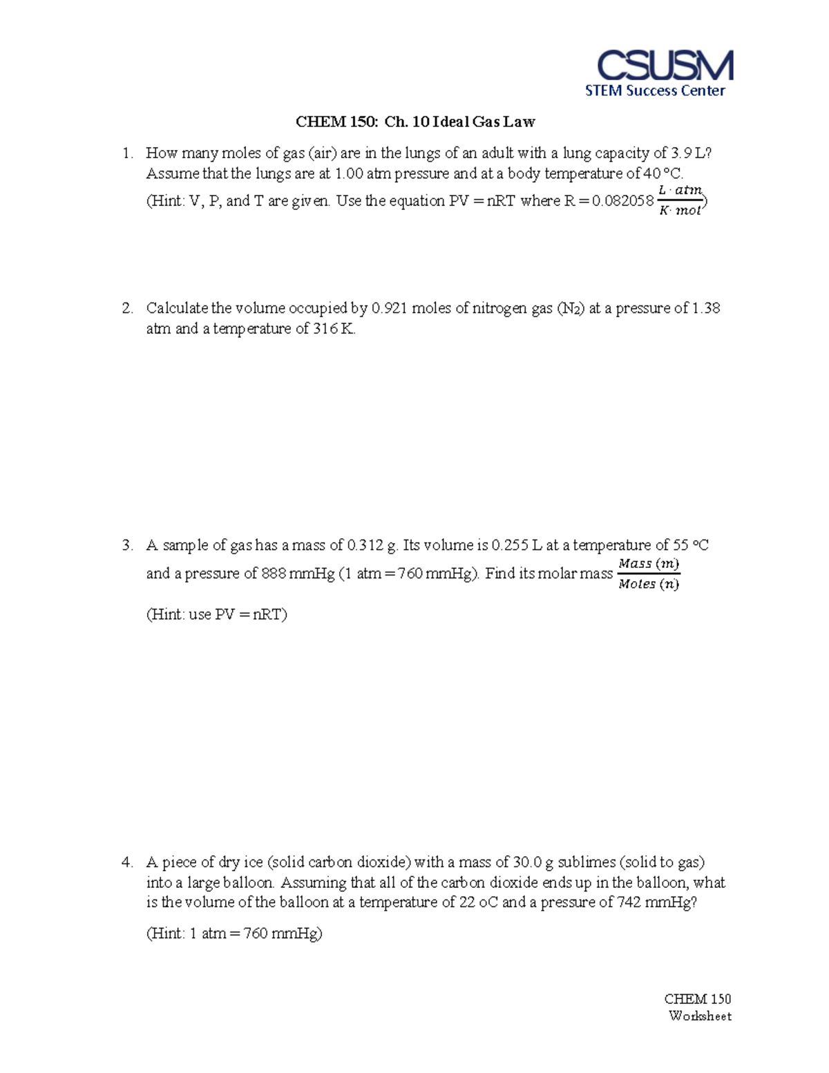 CHEM 150: Ideal Gas Law Worksheet and Calculations - Studocu