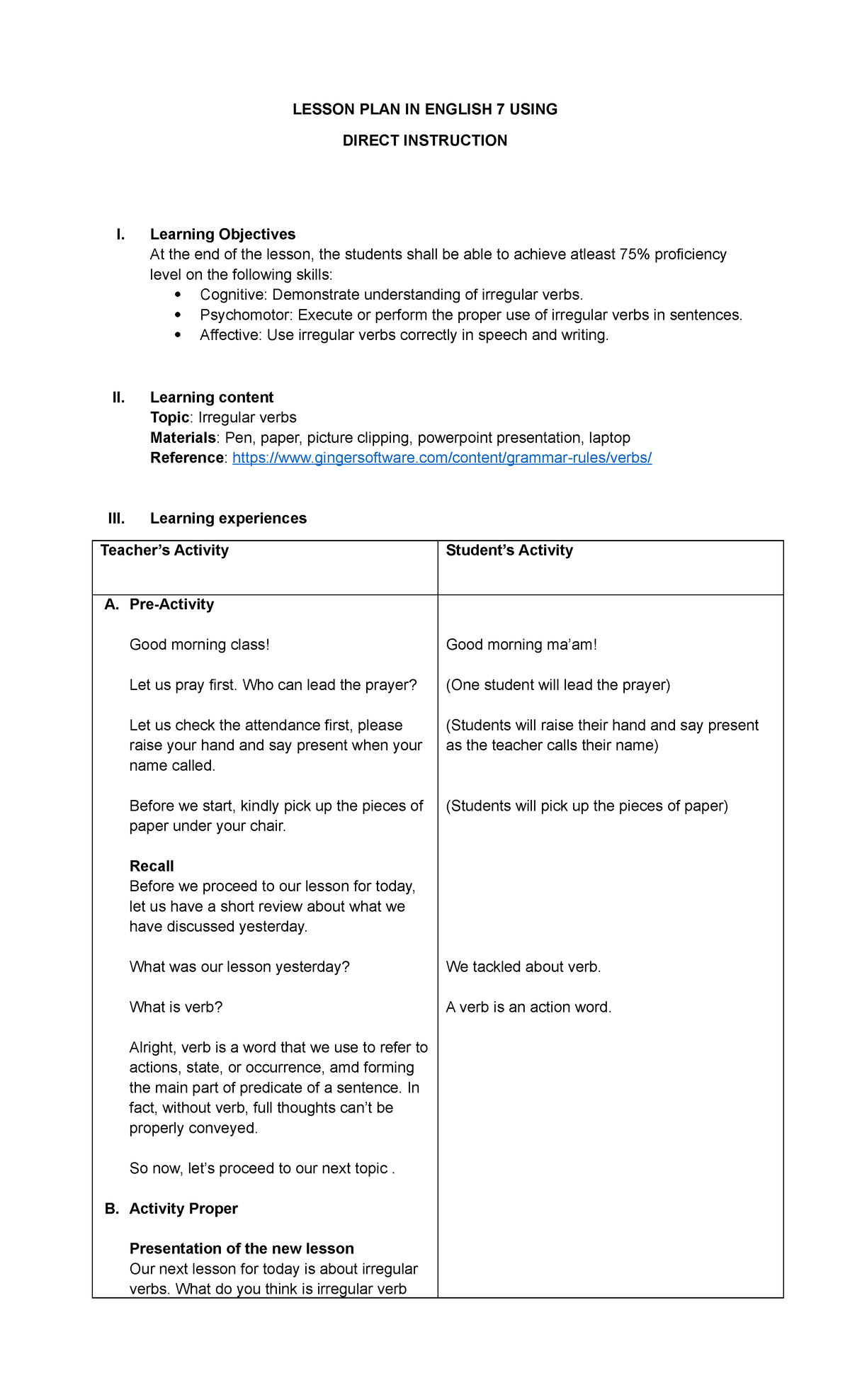 Direct Instruction - English 7 Lesson Plan on Irregular Verbs - Studocu