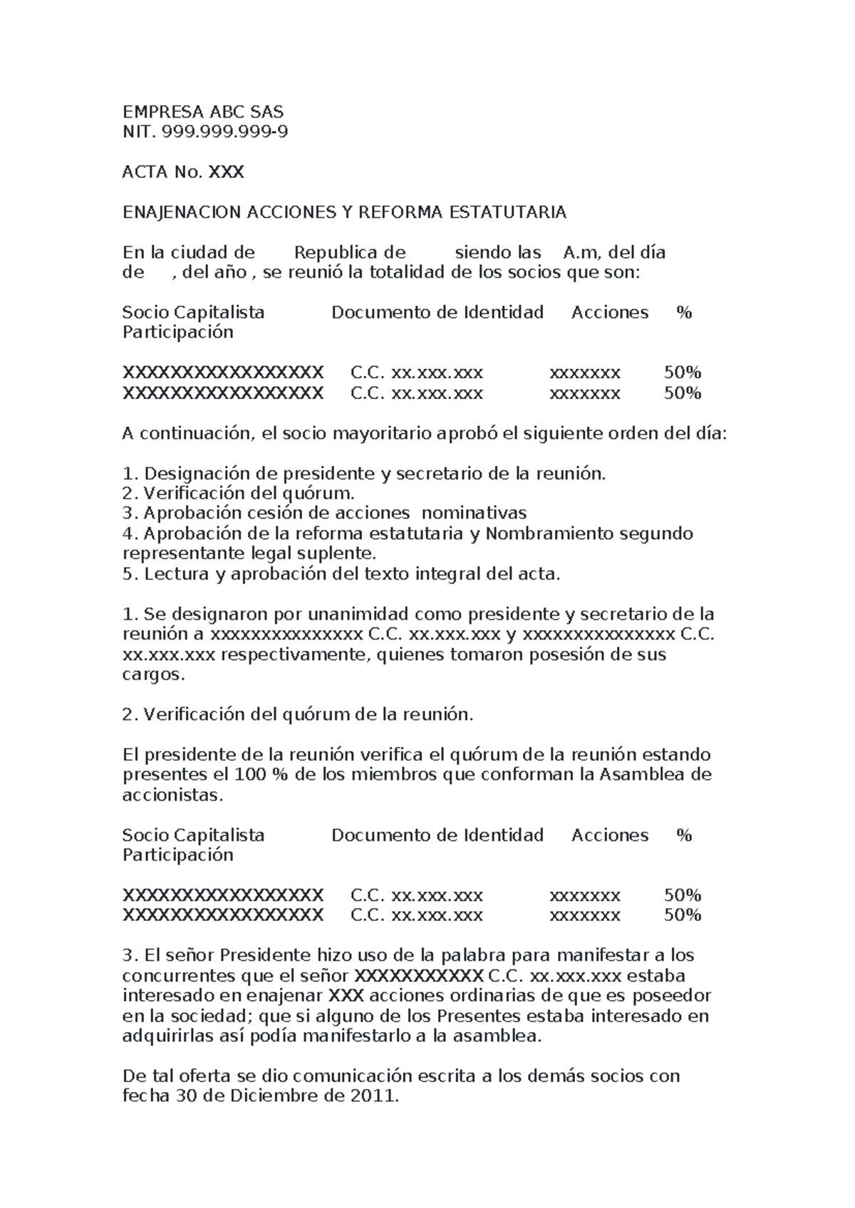 ACTA No. de Directorio - EMPRESA ABC SAS NIT y Reforma Estatutaria ...