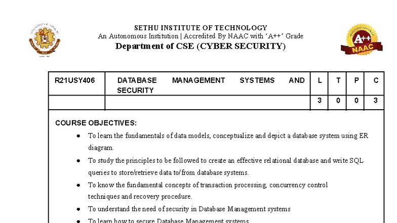 R21USY406 Database Security Management Systems - Course Overview - Studocu