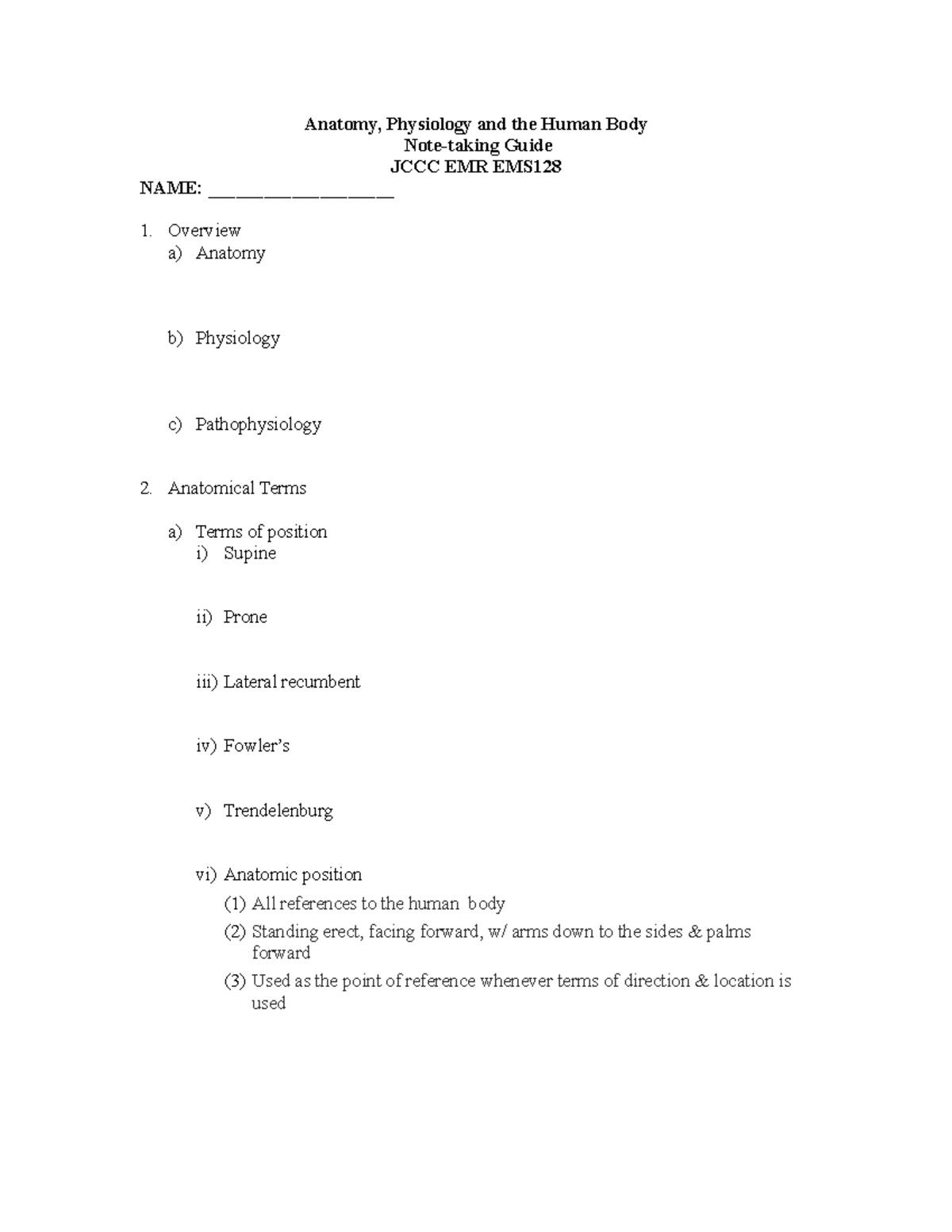 Anatomy and Physiology Note-taking Guide for EMR EMS128 - Studocu
