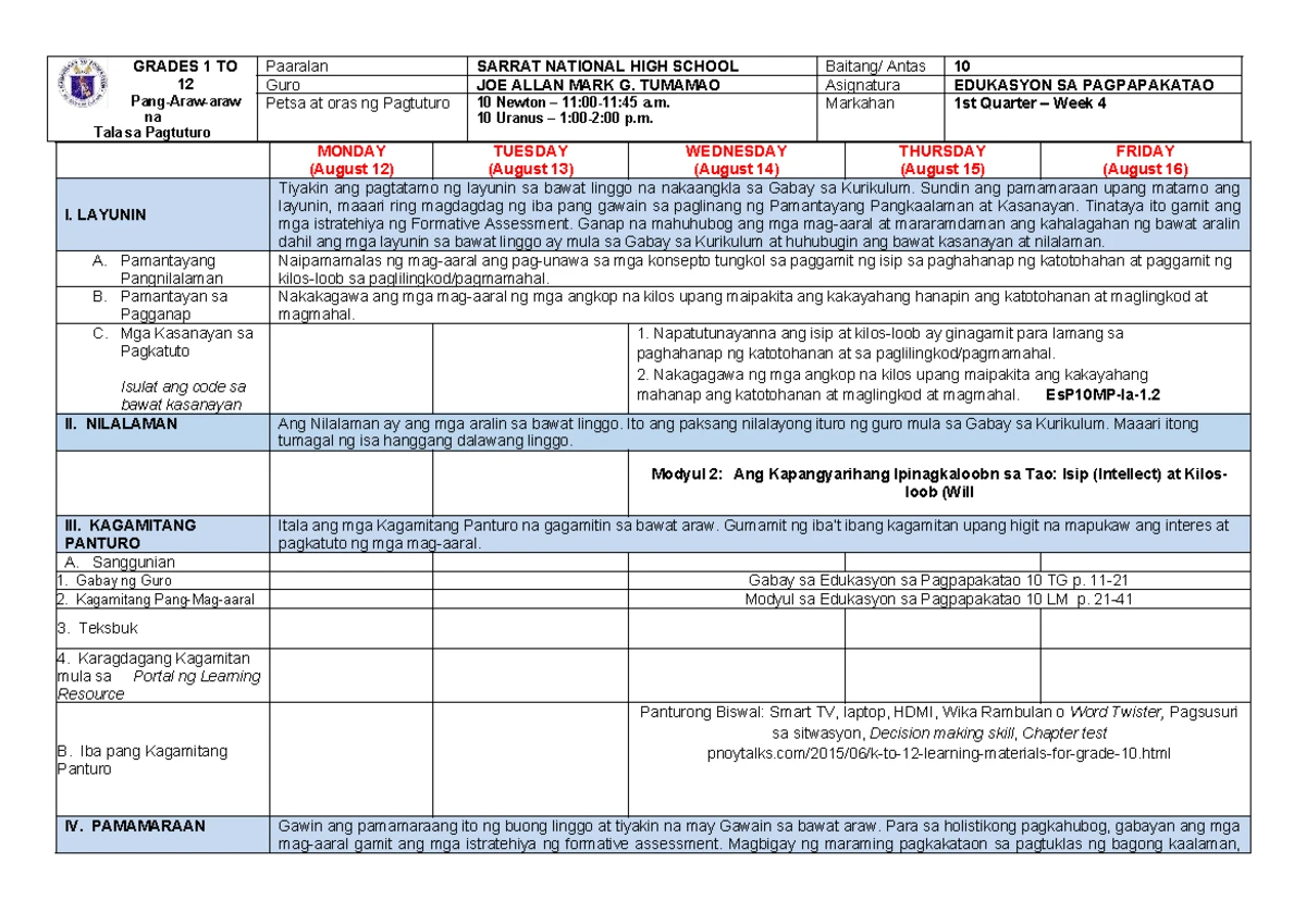 ESP 10 Q1 W7 Daily Lesson Log on Dignity and Respect - Studocu