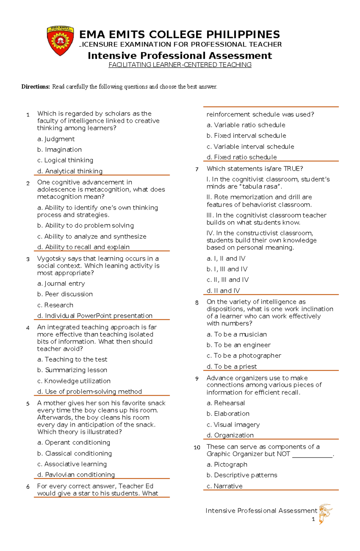 FACI Intensive Professional Assessment Test-Drill OFC - Studocu