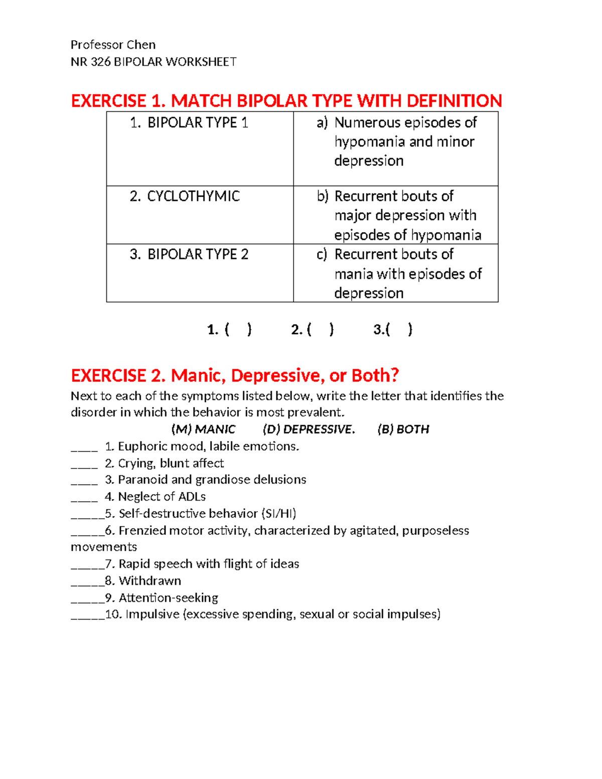 Bipolar Worksheet - Professor Chen NR 326 BIPOLAR WORKSHEET EXERCISE 1 ...