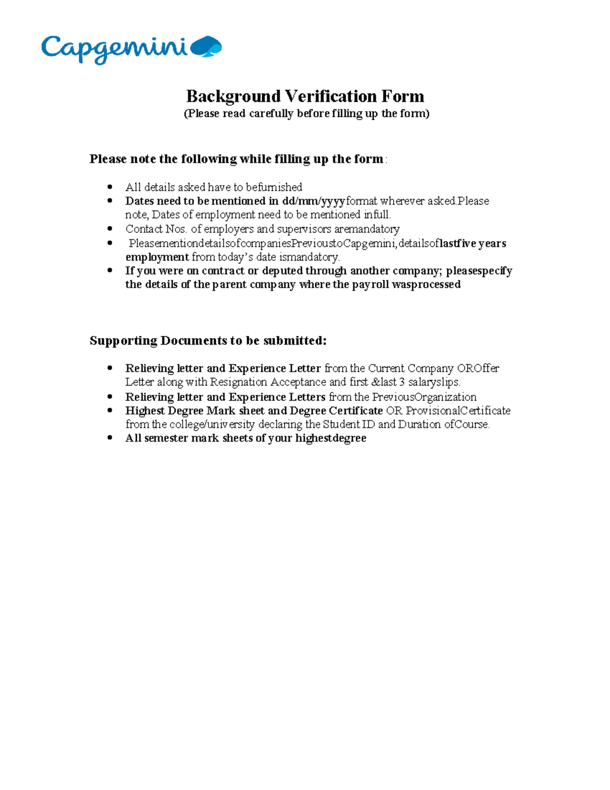 Background Verification Form - Important Instructions & Details - Studocu