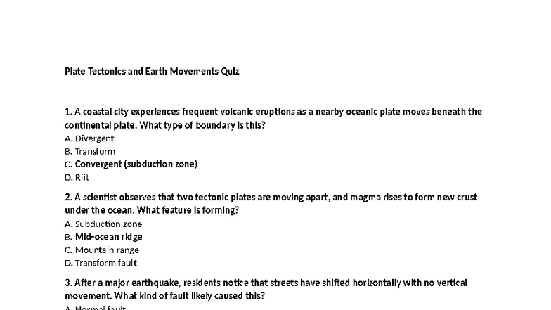 Plate Tectonics and Earth Movements Quiz 1: Understanding Boundaries ...