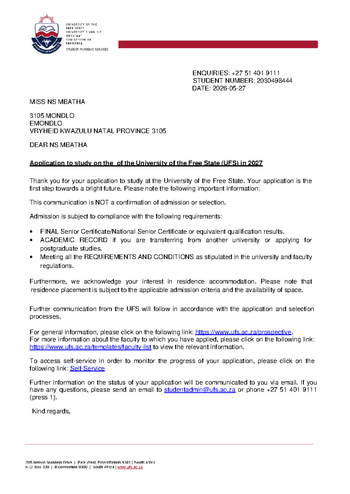 UFS Application Notes for 2027 Admission Process - Studocu