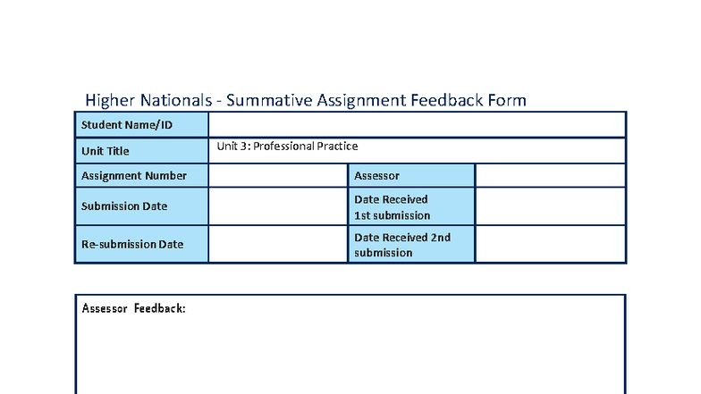 Unit 3: Professional Practice Assignment Feedback Form (2024-2025) - Studocu