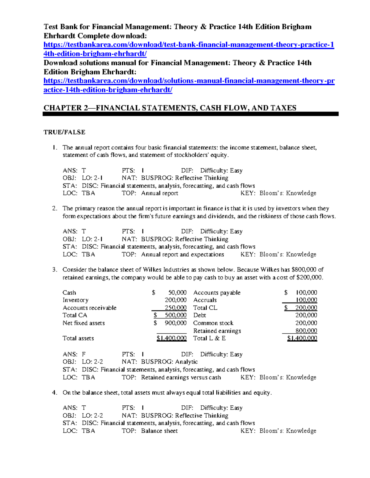 Financial Management Test Bank: Q&A from Chapter 2 (Exam 16) - Studocu