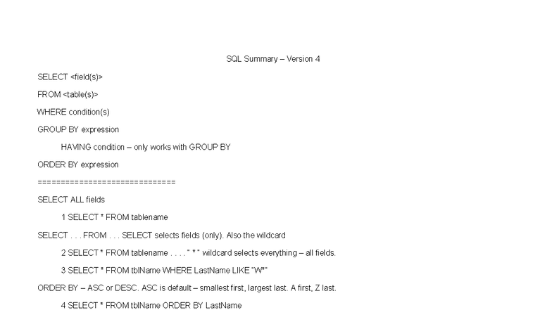 SQL Summary Version 4: Key Queries and Functions Explained - Studocu