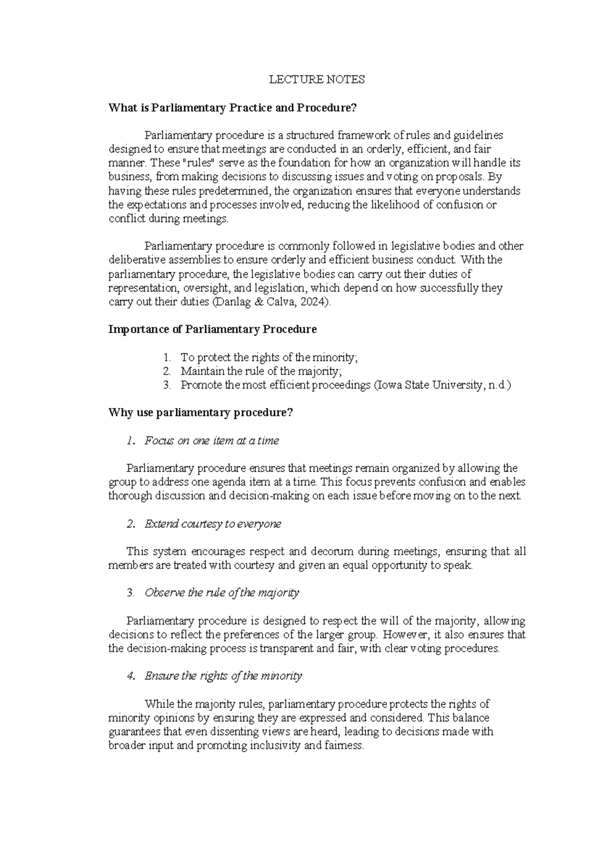 1st Lecture Notes - Parliamentary Practice & Procedure Overview - Studocu